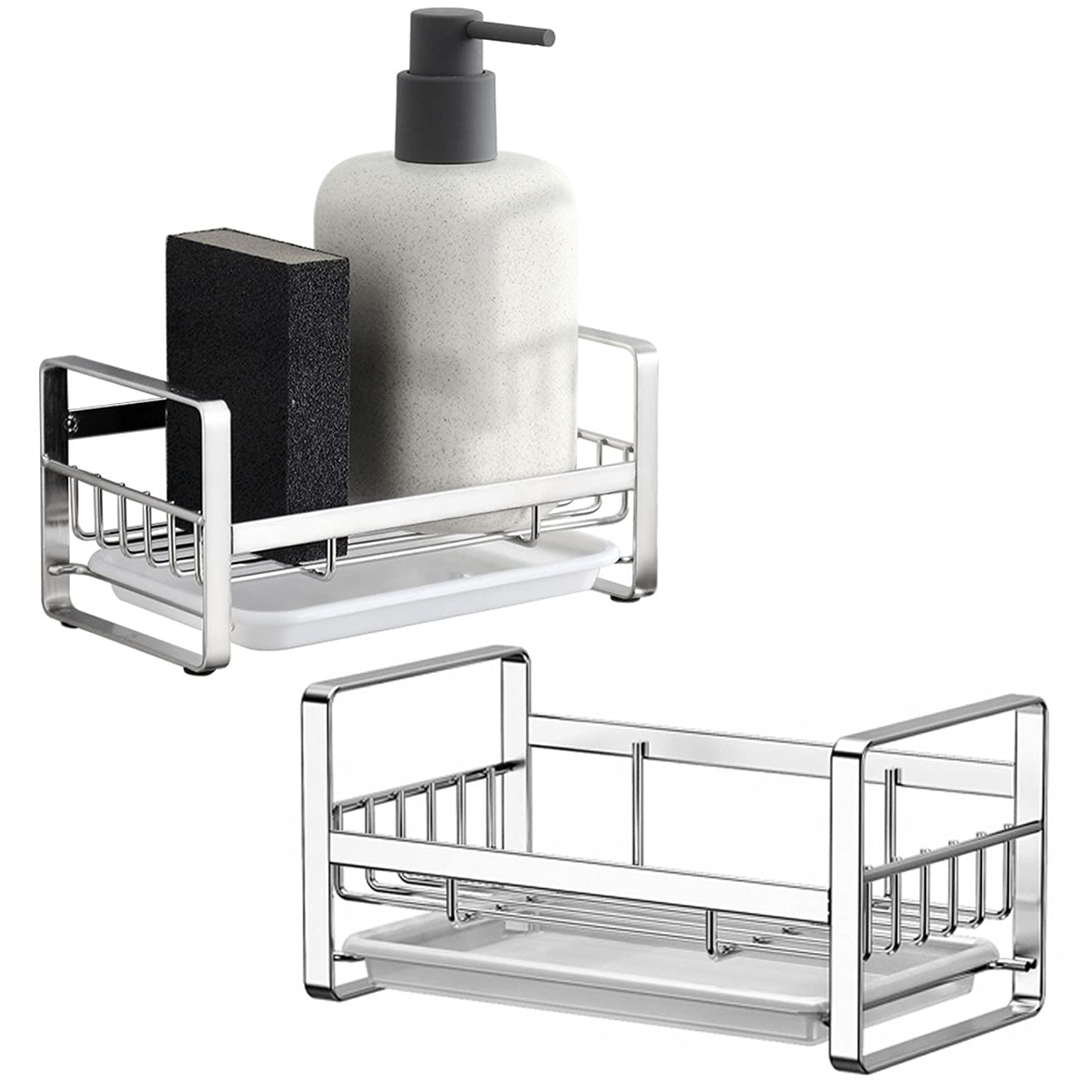 2 Pack Kitchen Sponge Holder - Kitchen Sink Organizer - Sink Caddy - Sink Tray - Soap Holder - Stainless Steel,Silver+White