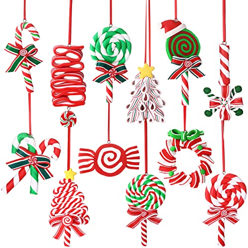 12 Pieces Christmas Lollipop Ornaments Sweet Candy Cane Christmas Hanging Decorations Mini Colorful Candy Props Pendants Peppermint Ornaments for Home Xmas Tree Party Supplies