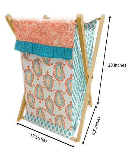 Bacati - Paisley Kids Storage (Laundary Hamper with Wooden Frame and Mesh Liner, Coral/Aqua)