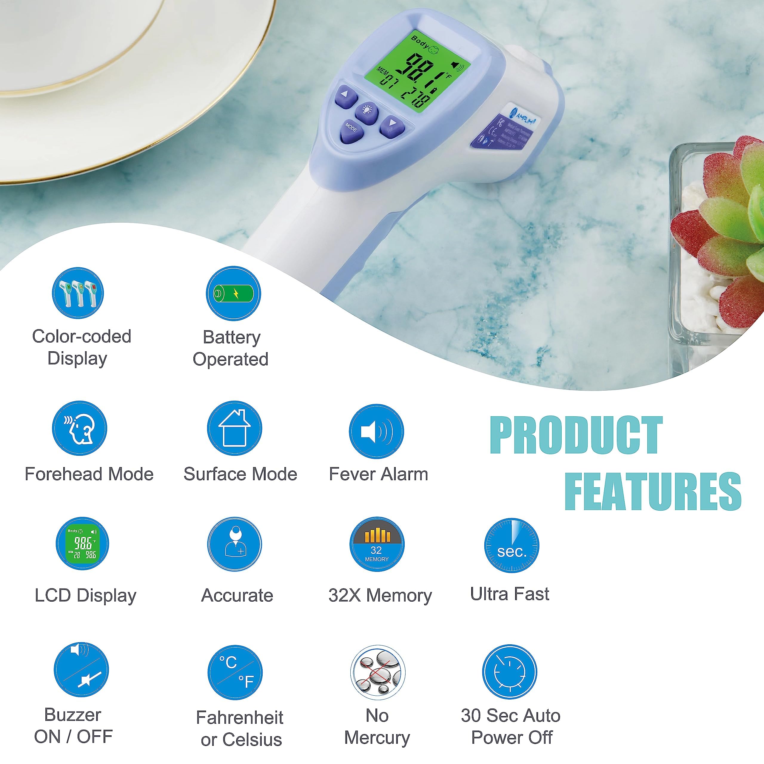 Amplim Digital Forehead Thermometer for Kids, Adults, and Babies - Touchless, Non-Contact Fever Thermometer with Temporal Head Function - No-Touch Thermometer for Accurate Temperature - FSA/HSA