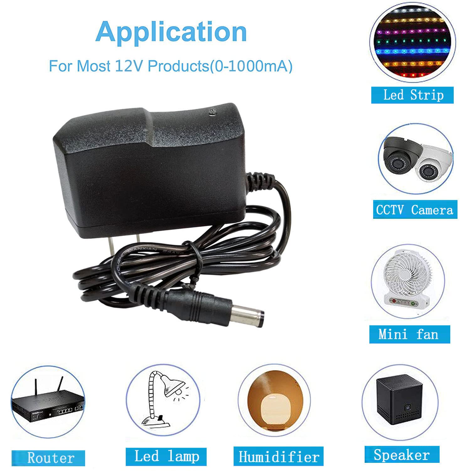 12V 1Amp DC Power Supply 12V 1000mA AC/DC Adapter 100-240V AC to DC 12Volt 1A 0.8A 500mA Power Adapter Transformer 12V 1A AC Adapter 5.5mm x2.5mm US Plug for 12V LED Strip Light CCTV Camera