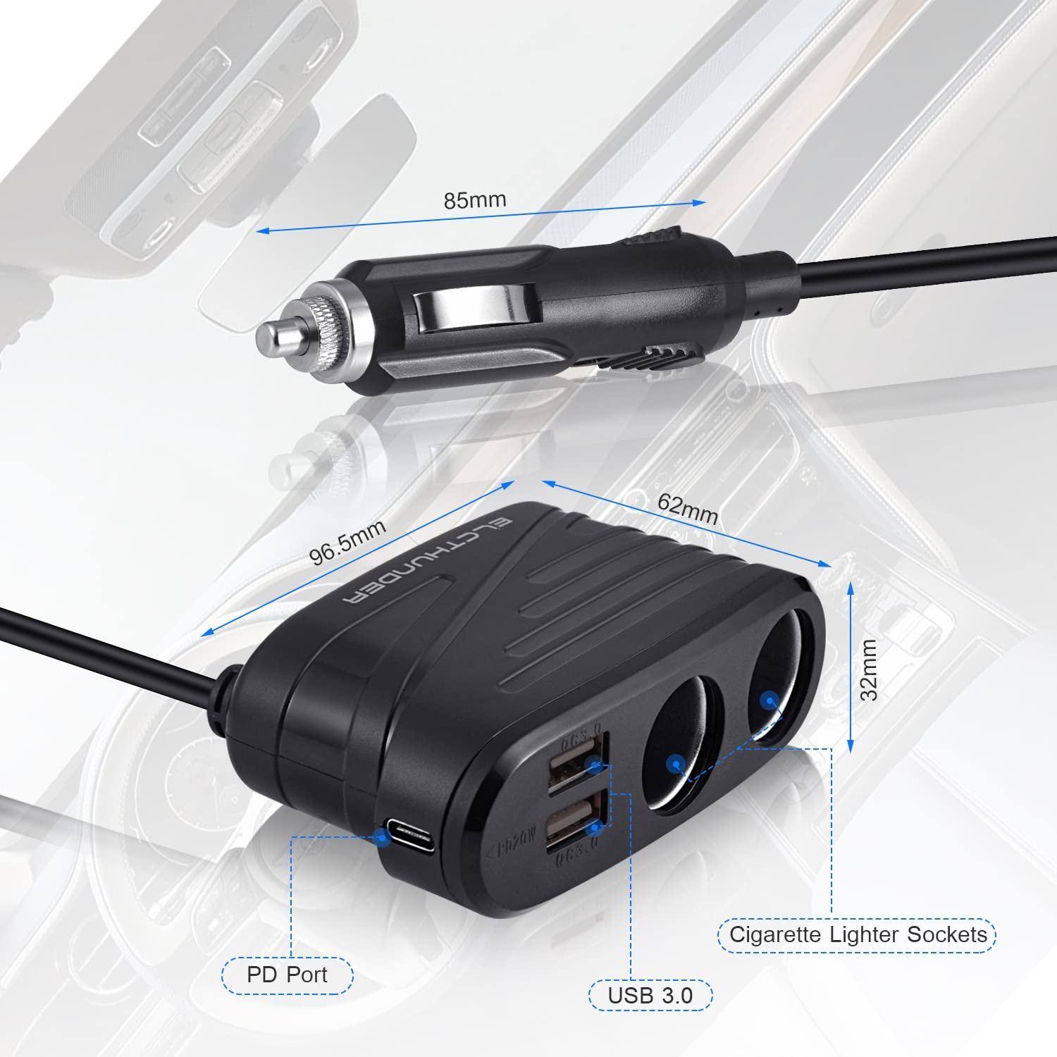 ELCTHUNDER Quick Charge 3.0 Cigarette Lighter Splitter, 2-Socket Car Charger with 27 Inches Extension Cable, 120W 12V/24V Car Charge Splitter with PD 20W Type-C Port for Phone GPS Dashcam