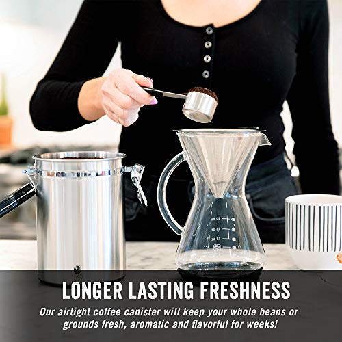 Bean Envy Coffee Canister - 22.5 oz Coffee Storage Container and Organizer w/Stainless Steel Scoop, Date Tracker & Co2-Release Valve - Essential Coffee Accessories, Steel