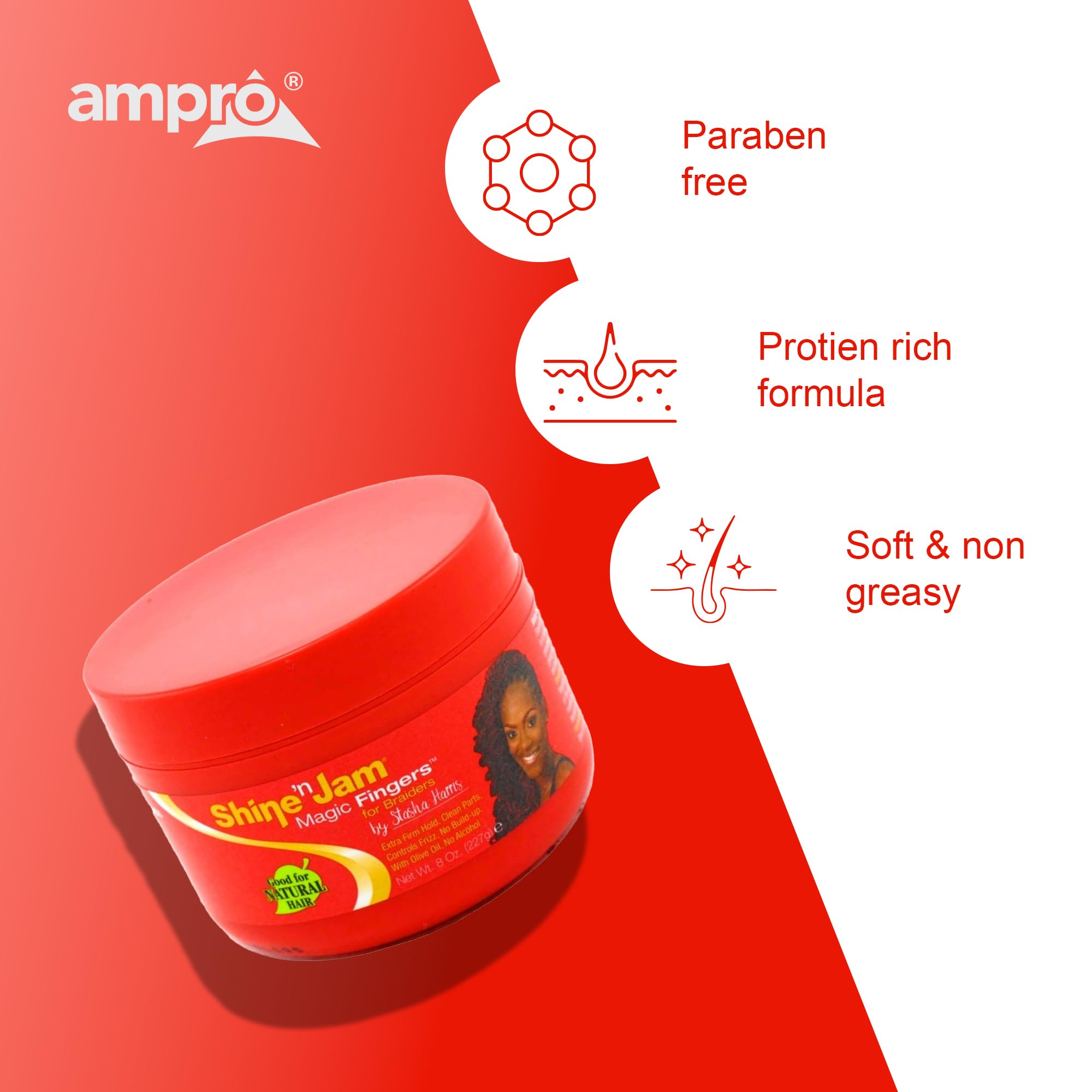AmPro Shine-n-Jam Magic Fingers Gel for Braids - Provides Firm Hold with Non-Greasy Shine - Strengthens Hair with Silk Proteins - Works on Any Hair Texture to Create Multiple Styles - 8 oz