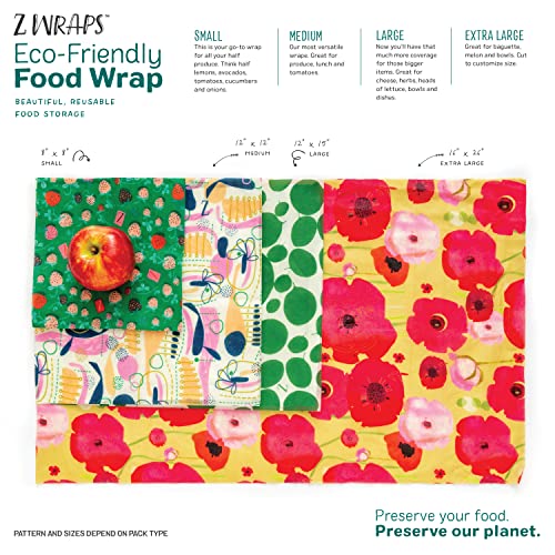 Z Wraps - Reusable Beeswax Food Wraps - Assorted 3-Pack (S, M, L) - Made in USA with 100-Precent Cotton, Organic Beeswax and Jojoba Oil - Bees Love These