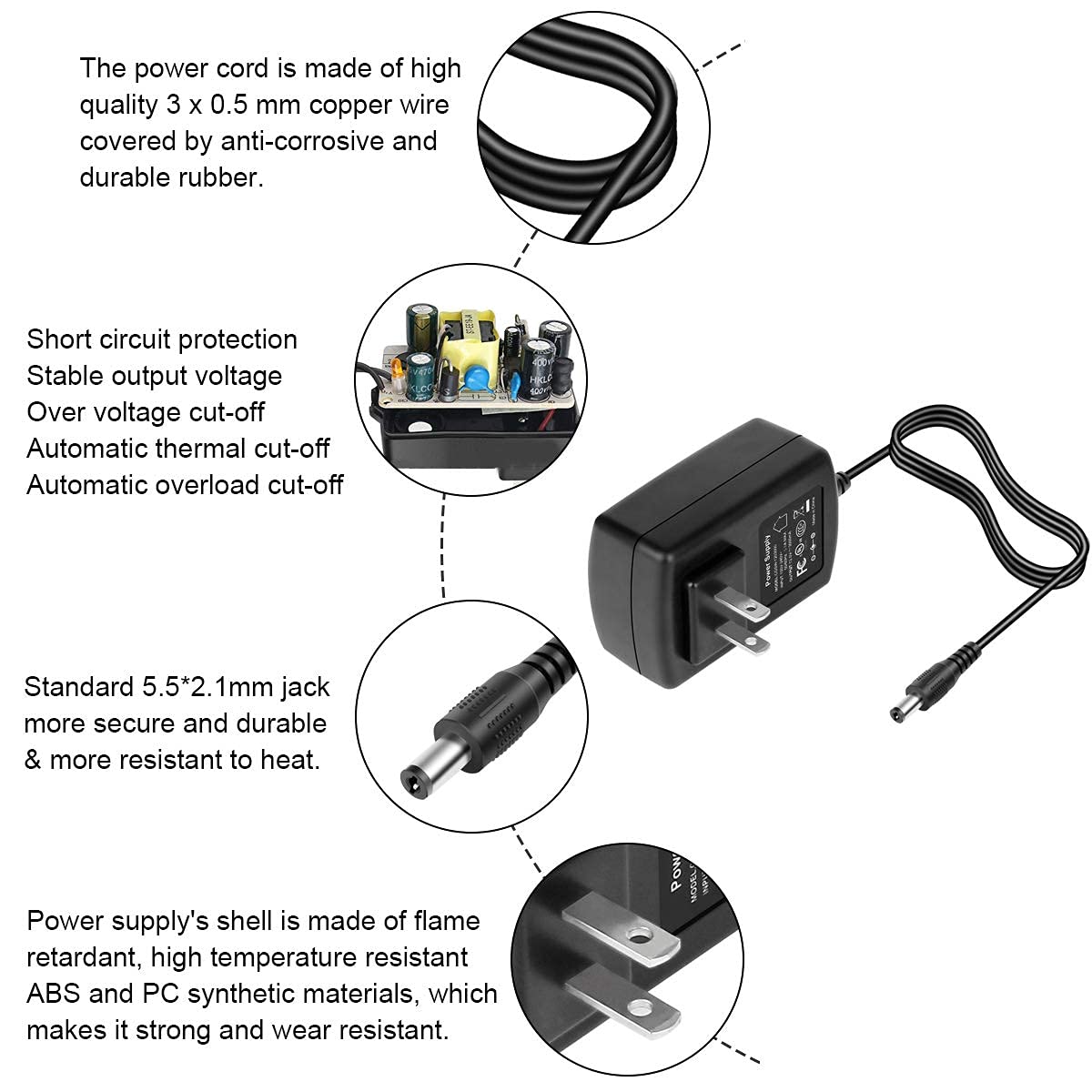 12V 3A Power Supply Adapter SUEPRNIGHT AC 100-240V to DC 12 Volt Power Supply Transformer Converter with 5.5mm x 2.1mm Plug for Router Led Strip Lights CCTV Camera