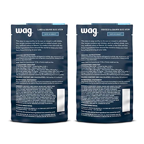Amazon Brand - Wag Wet Dog Food Topper, Chicken & Lamb Brown Rice Stew in Gravy Variety Pack, 5.3 Oz Pouches (Pack of 24)