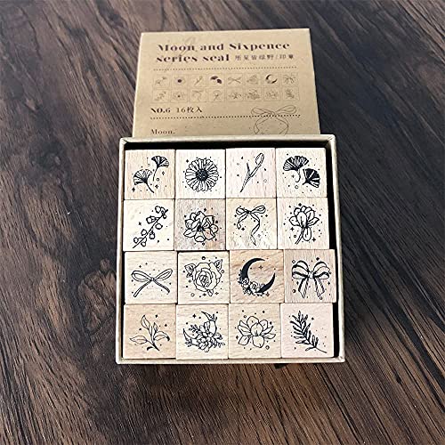 16Pcs Wooden Mounted Rubber Stamps Wood Rubber Stamp Set for Art and Craft DIY Card Making Scrapbooking