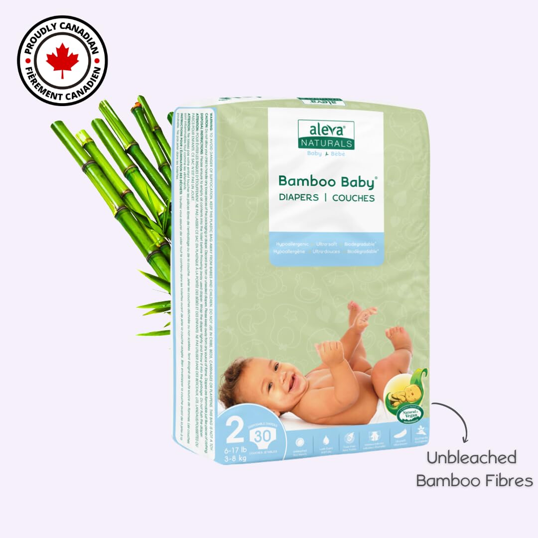 Aleva Naturals Hypoallergenic Bamboo Baby Diapers for Baby, Ultra Soft, Sensitive Skin Friendly, Biodegradable, Disposableā Size 2 (6-17 lbs/3-8 kg) | 30ct,37845