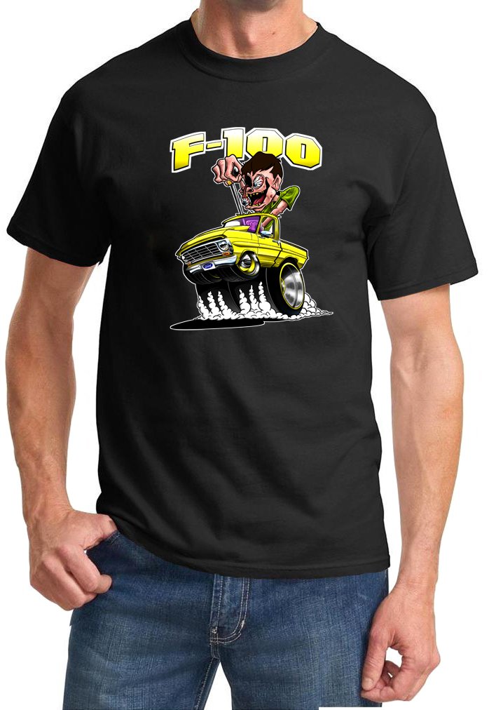 1967-72 Ford F100 F-100 Mad Monster Yellow Truck Design Tshirt Small Black