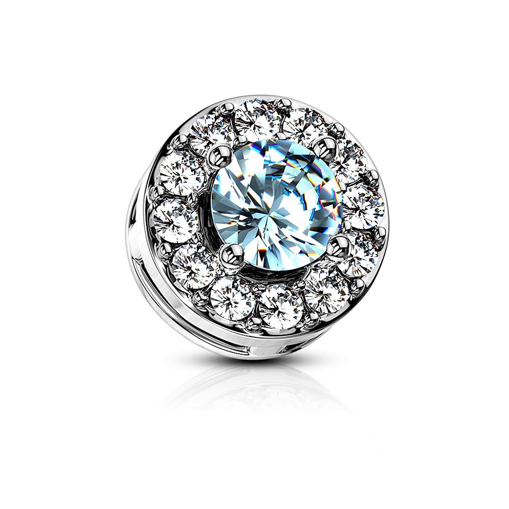 14GA Stainless Steel Internally Threaded Double Tiered Round CZ Crystal Center Dermal Anchor Top (Aqua)