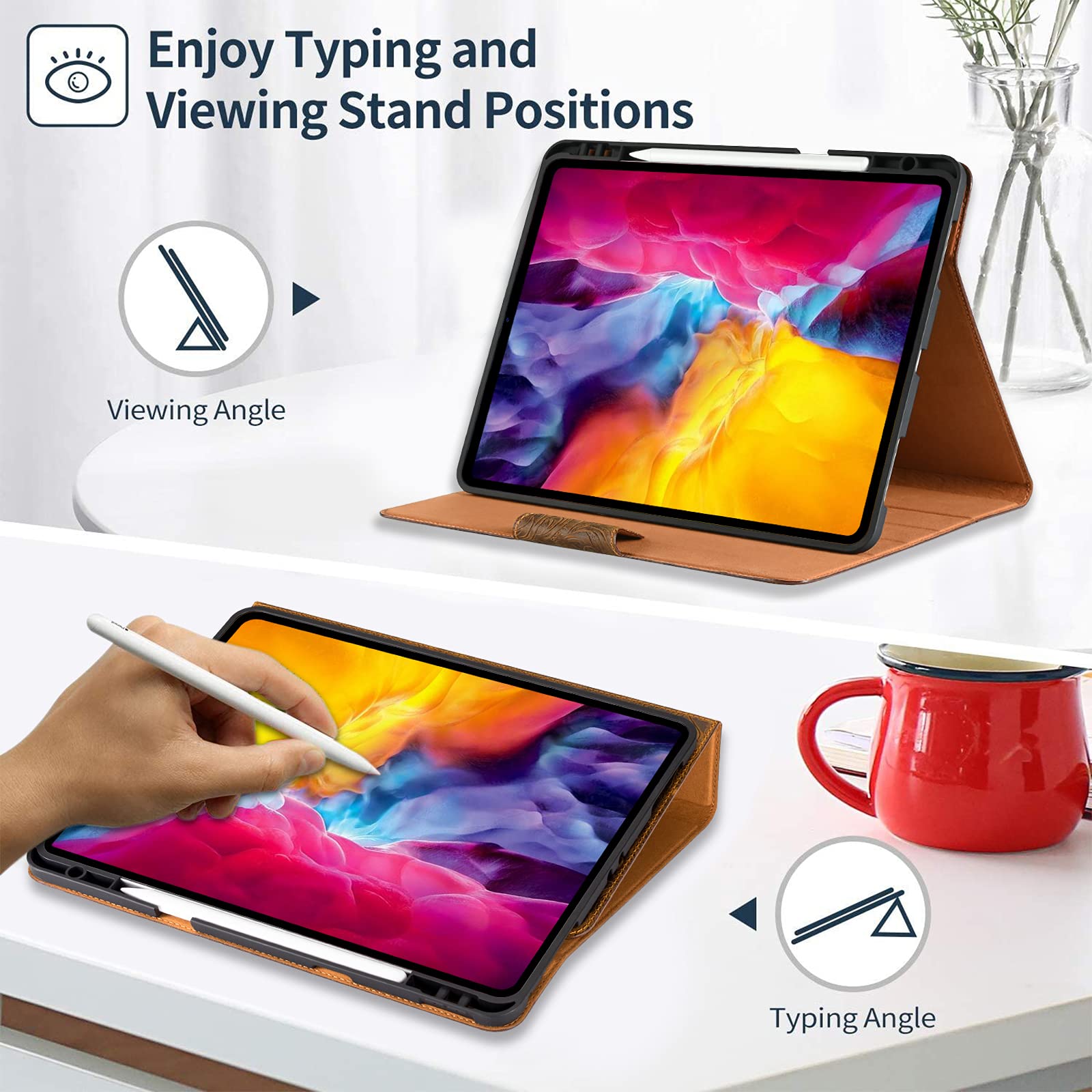 Gexmil Case for iPad Pro 11 Inch,4th/3rd/2nd/1st Generation(2022/2021/2020/2018) Genuine Leather Cover with Pencil Holder,Cowhide Folio Cover,Auto Sleep/Wake Magnetic Closure,Flower Brown