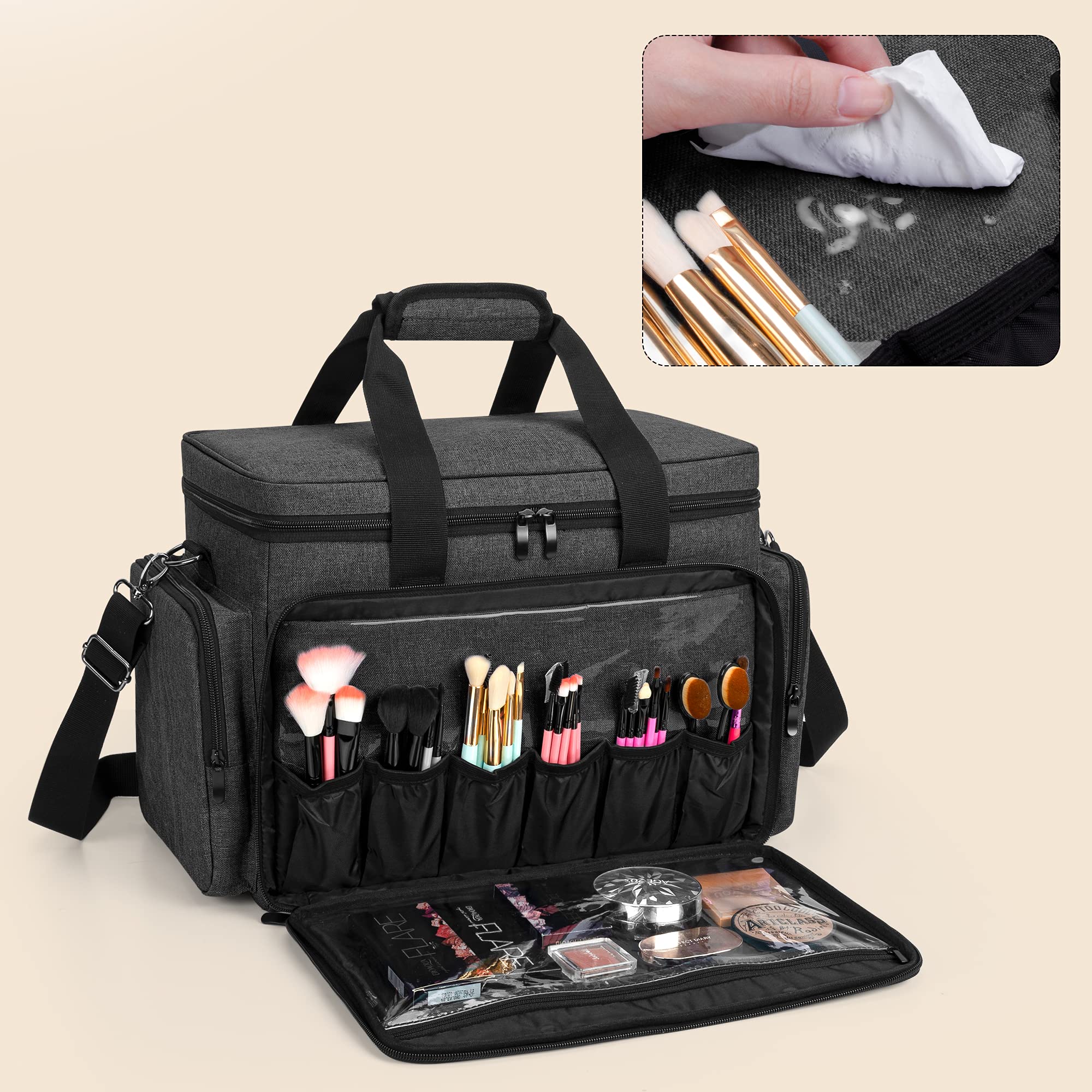 BAFASO Large Makeup Bag Cosmetic Bag with Removable Dividers, Travel Makeup Case Holds Cosmetics and Hair Supplies, Black