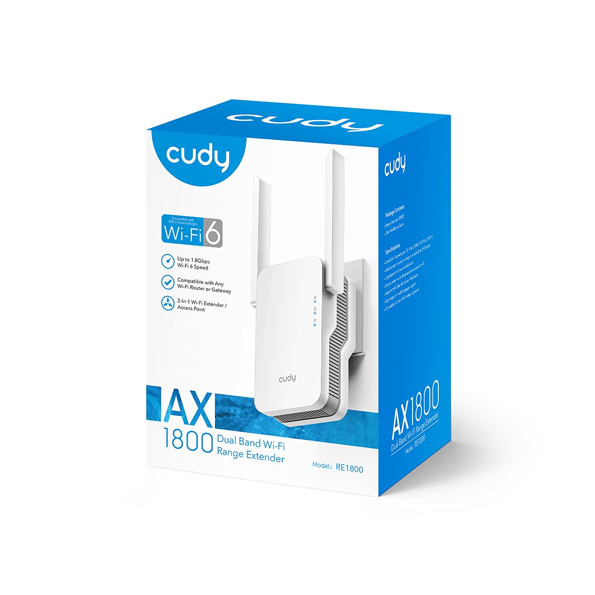 Cudy New AX1800 Mesh WiFi 6 Extender Internet Booster, WiFi 6 Range Extender Covers up to 2000 sq.ft and 30 Devices, Dual Band Repeater up to 1.8Gbps Speed, AP Mode, Gigabit Port, RE1800