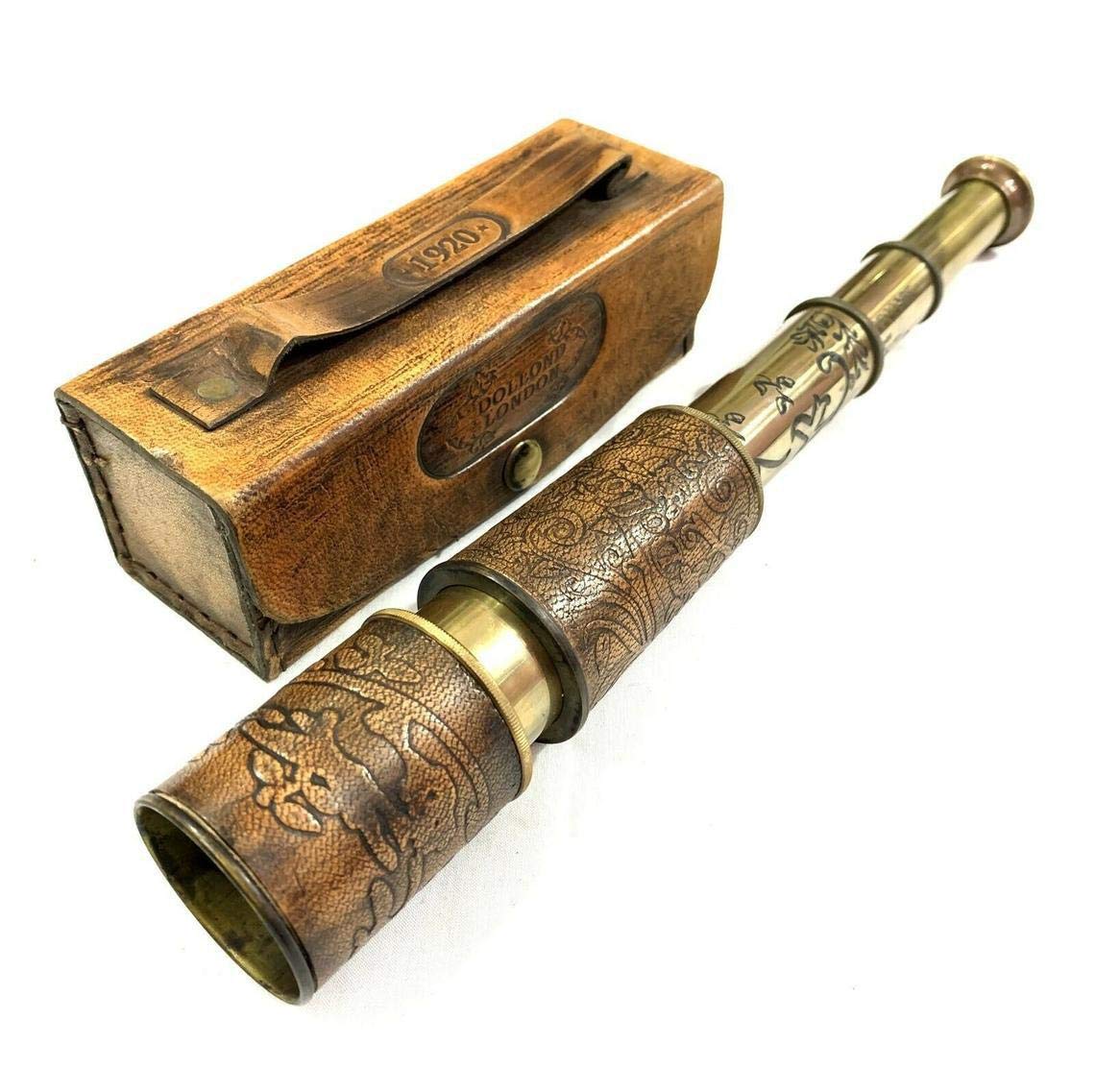 Decorative Telescope Antique Maritime Brass Spyglass 16" Dollond London Leather Engraved Telescope with Leather Case Collectible Nautical Telescope by HASSANHANDICRAFTS