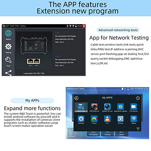 IP Camera Tester CCTV Tester, Koolertron 7 Inch IPS Touch Screen H.265 4K AHD, TVI, CVI & CVBS Analog Camera RJ45 Cable TDR Tester with PoE/IP Discovery/8G TF Card/4K HDMI in & Out/Built in WiFi
