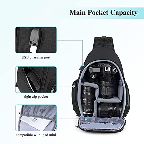 BAIGIO Camera Sling Bag Small Camera Backpack for Photographers,Water-resistant Camera Crossbody Bag Travel Caemra Backpack for DSLR SLR Mirrorless Camera