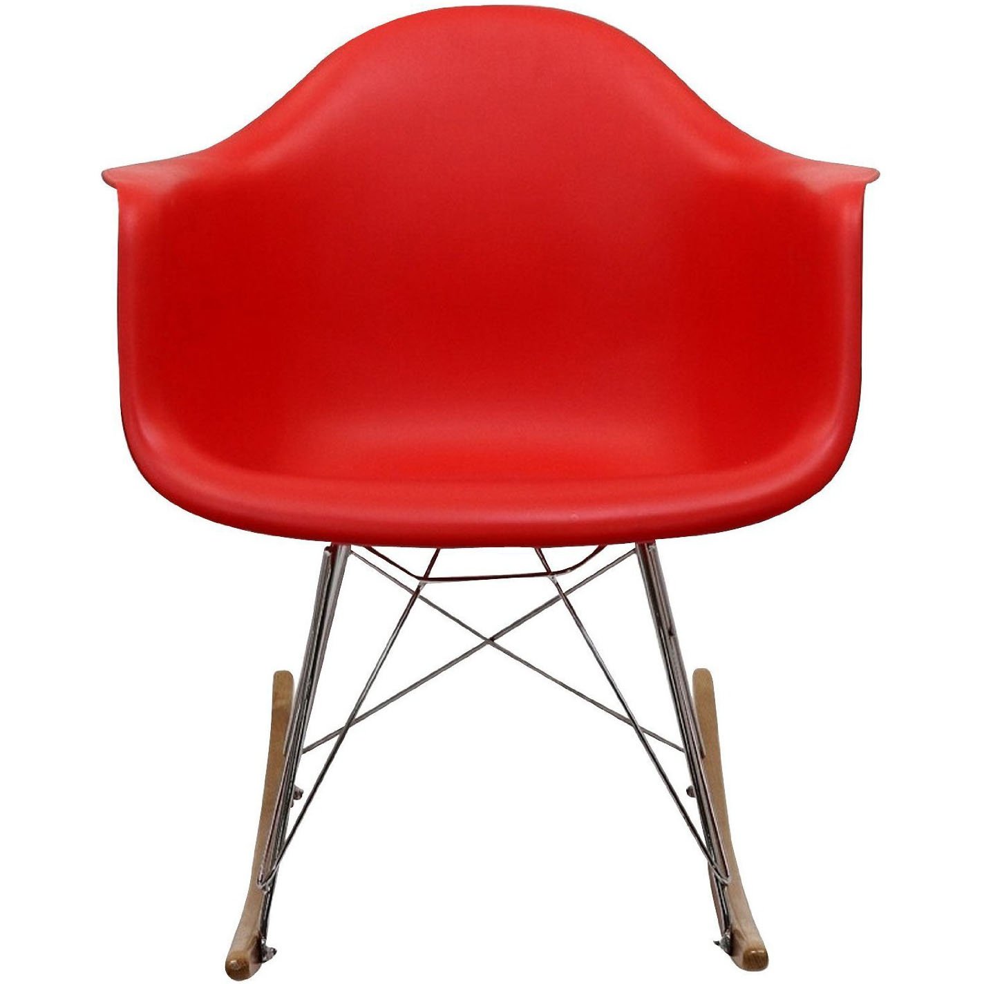 2xhome Modern Molded Plastic Shell Rocking Chair with Metal Eiffel Wire Frame and Wooden Rocker Legs, Bright Red, Single, Set of 1