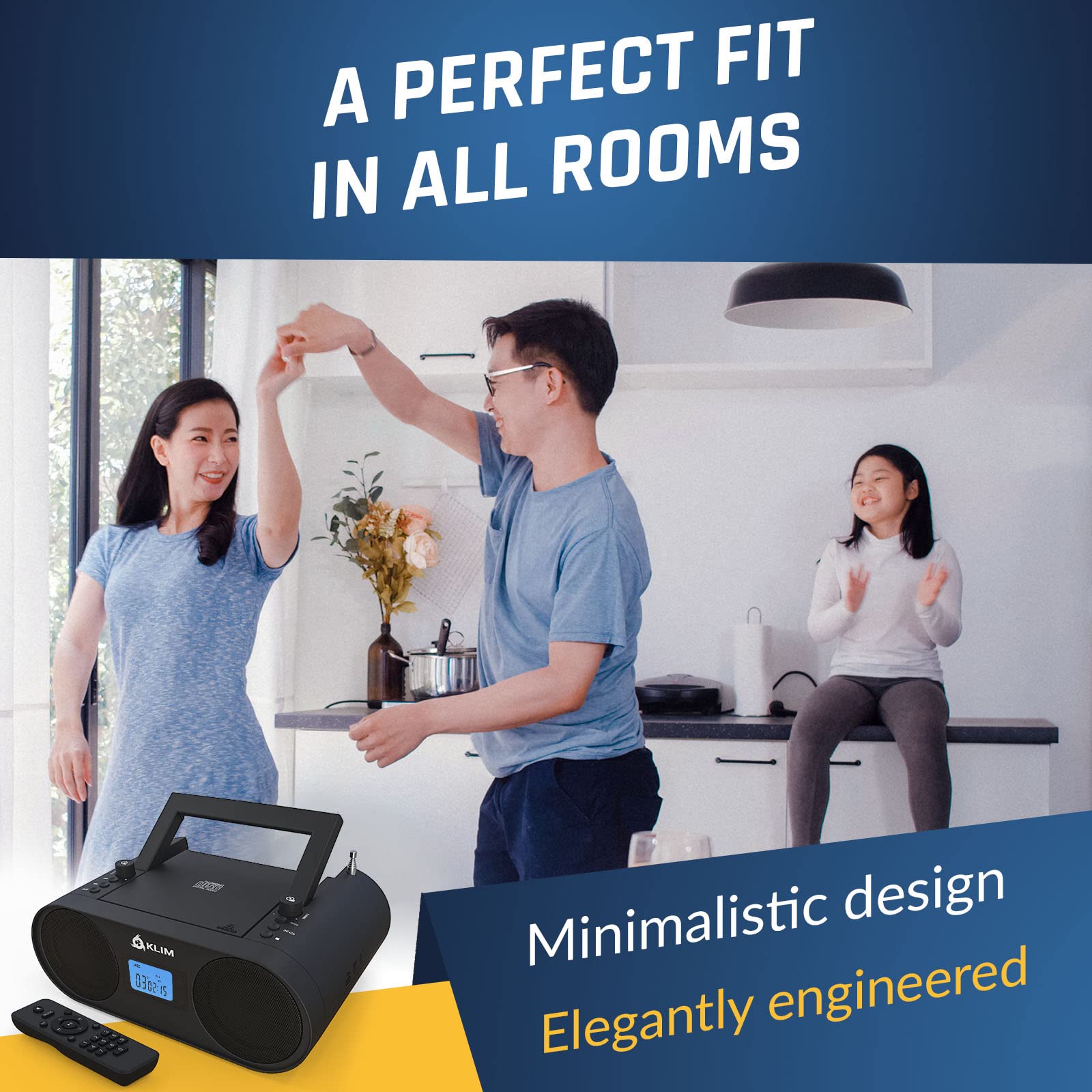 KLIM Boombox B4 CD Player Portable Audio System + AM/FM Radio with CD Player, MP3, Bluetooth, AUX, USB + Wired & Wireless Mode, Rechargeable Battery + Remote Control, Autosleep, Digital EQ + New