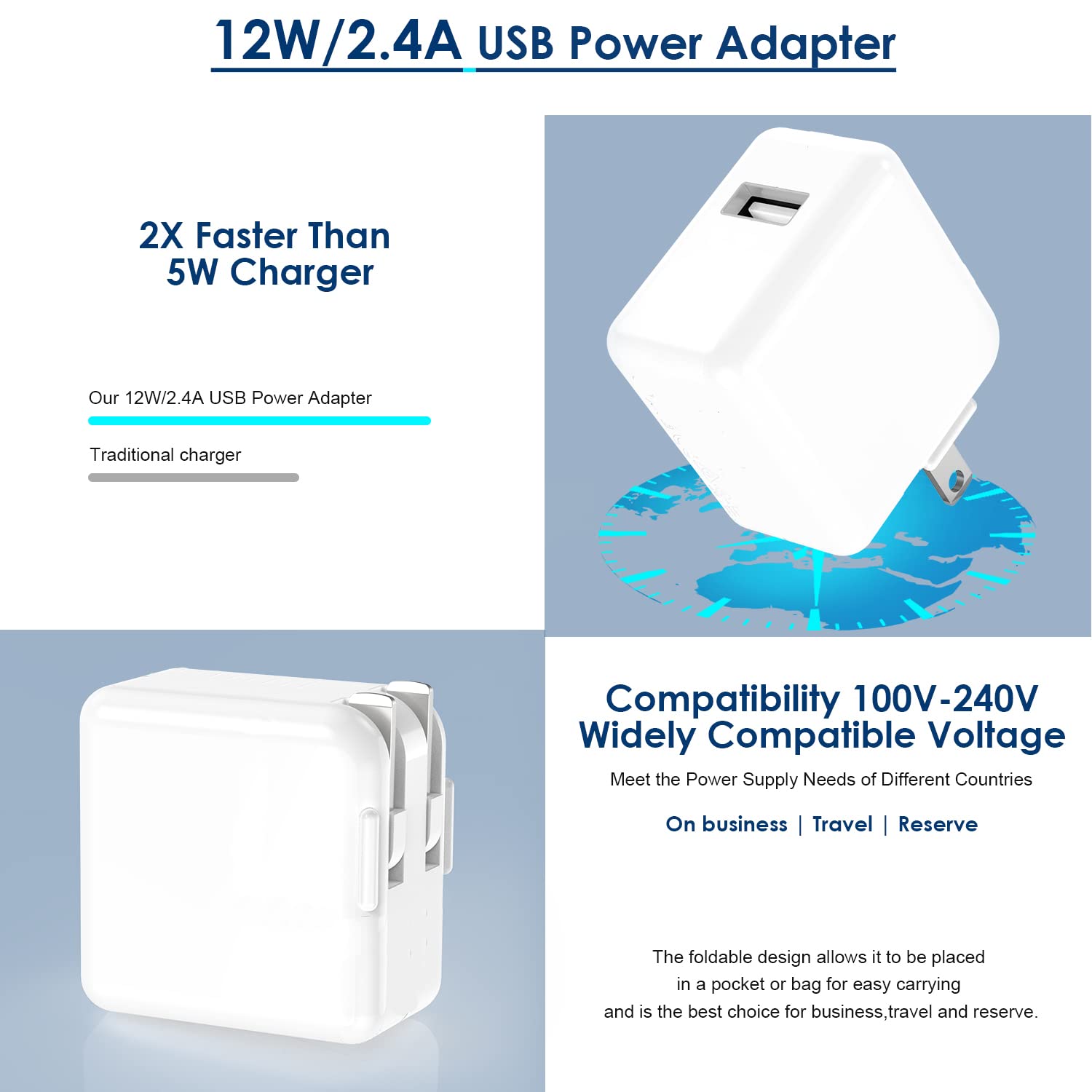 iPad Charger, iPhone Charger iPad Cord Fast Charging 12W USB Wall Charger Foldable Portable Travel Plug with 6.6FT Lightning iPad Cable Compatible with iPhone, iPad, iPad Mini 1/2/3/4/5,iPad Air 1/2/3