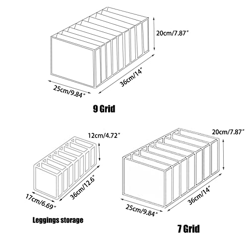 3 Pcs 7 Grids Washable Wardrobe Clothes Organizer,Jeans Compartment Storage Box, Foldable Closet Drawer Organizer Clothes Drawer Mesh ,and 9 Grids Shirts, T-shirts Grid (2 pcs Jeans Grid+Leggings Grid)