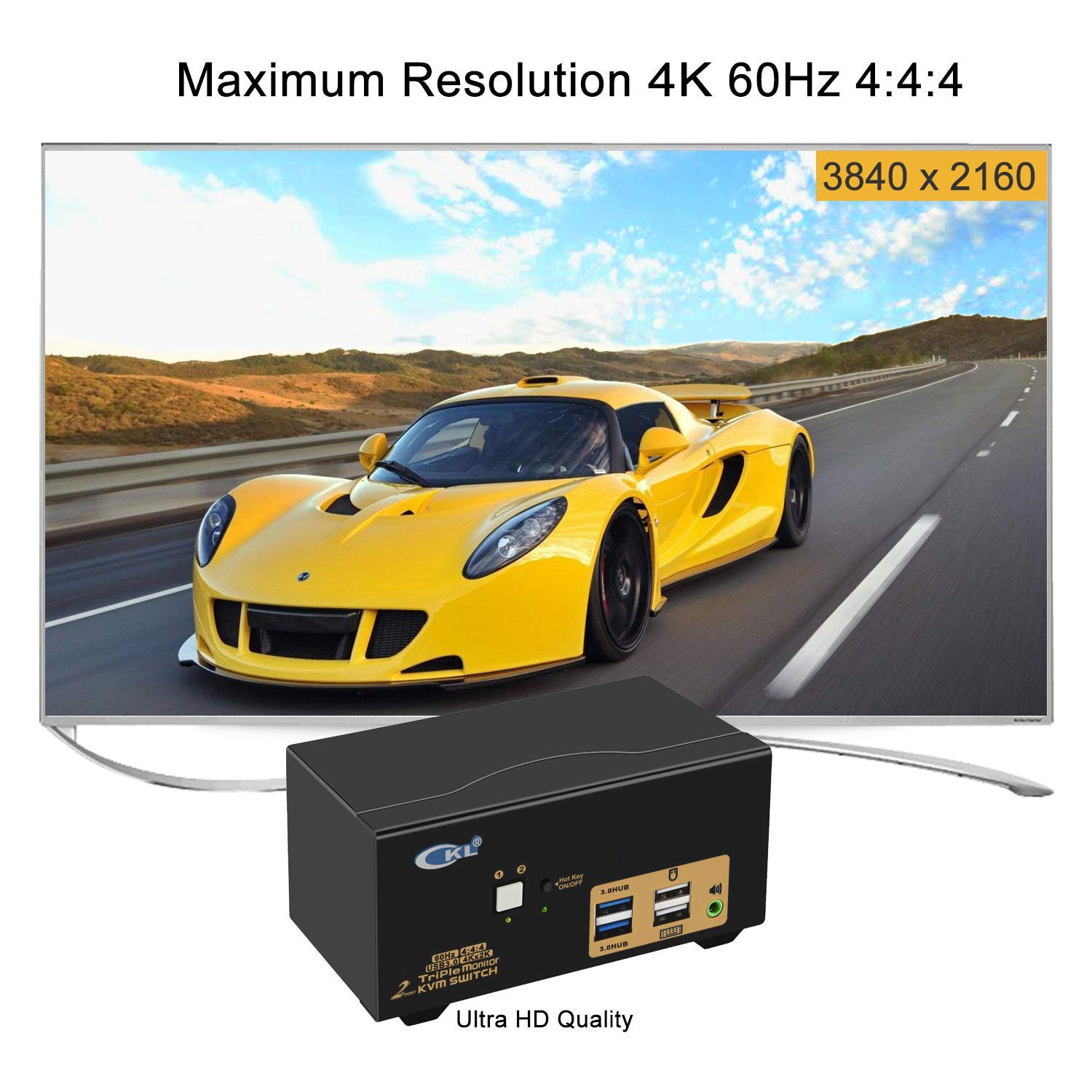 CKL USB 3.0 HDMI KVM Switch Triple Monitor 2 Port Extended Display 4K 60Hz with Cables and Audio 923HUA-3