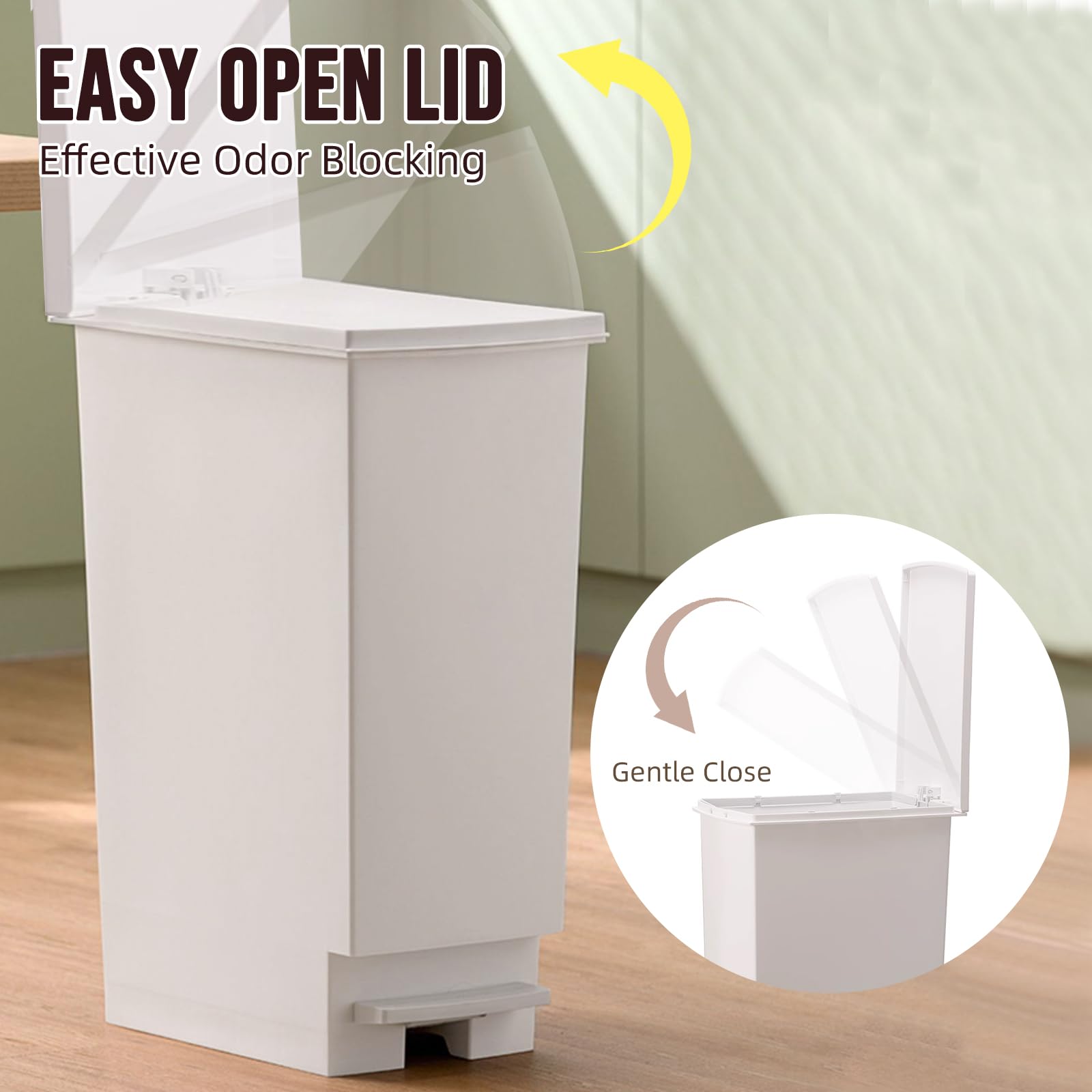 3 Pack Large Trash Can With Lid and Foot Pedal, 8 Gallon Slim Kitchen Trash Can Step On, Hands Free Recycling White Kitchen Garbage Can Plastic - Odor Block, 9 Inch Wide Trash Can Fit For Narrow Space