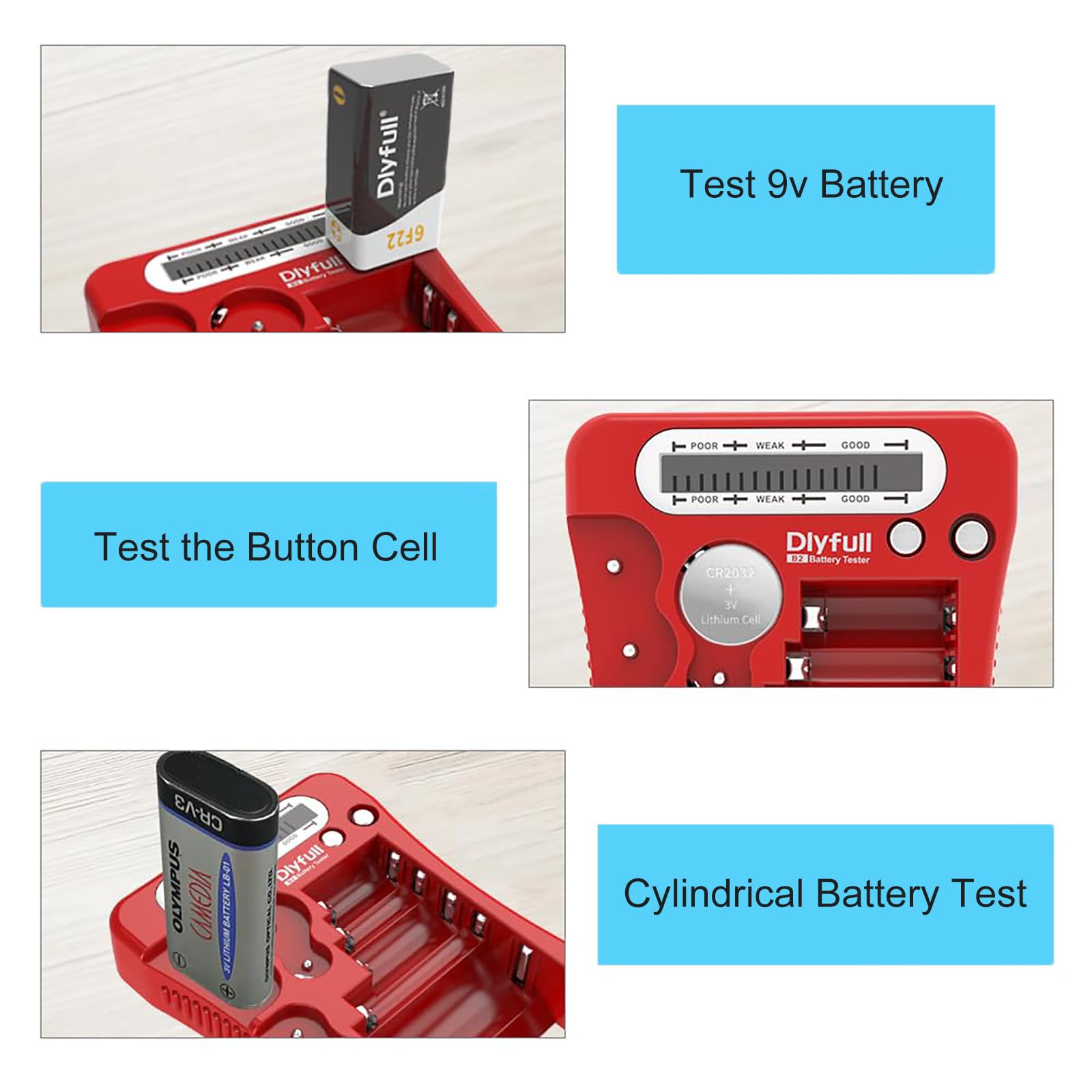 Dlyfull Battery Tester, LCD Display Universal Battery Checker for AA AAA C D 9V CR2032 CR123A CR2 CRV3 2CR5 CRP2 1.5V/3V Button Cell Batteries, 1x AAA Batteries Included