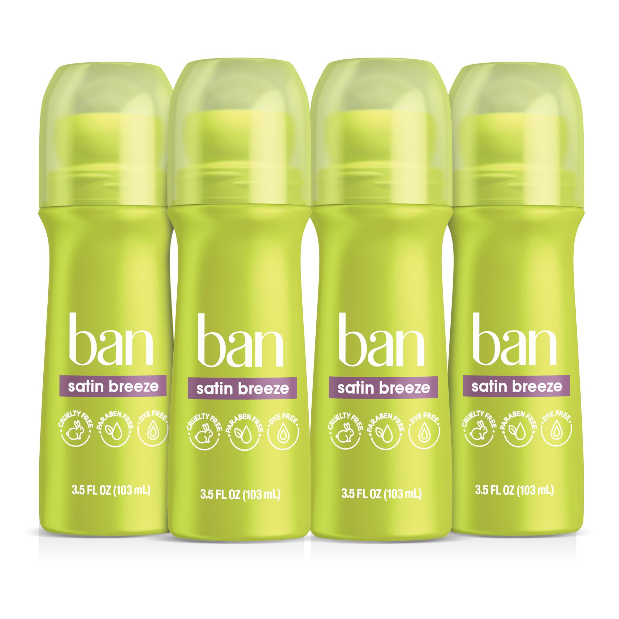 Ban Invisible Roll-on Antiperspirant Deodorant for Women and Men, 24-hour Underarm Odor & Sweat Protection, Satin Breeze, 3.5 Oz, Pack of 4