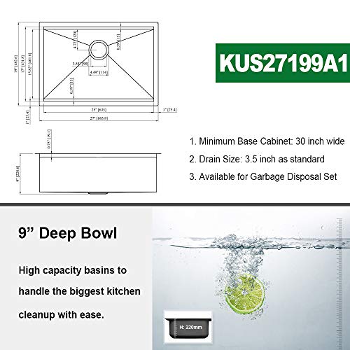 27 Undermount Kitchen Sink - Kichae 27"x19" Kitchen Sink Ledge Workstation Stainless Steel 18 Gauge Single Bowl Under Counter Sink Basin All In One Deep Sink With Cutting Board