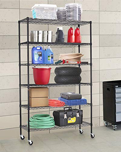 FDW 18x48x72 inch Commercial Wire Shelving Unit with Wheels Steel 6 Tier Heavy Duty Layer Rack Storage Metal Shelf Garage Organizer Wire Rack Shelves Adjustable Utility 2100 LBS Capacity,Black