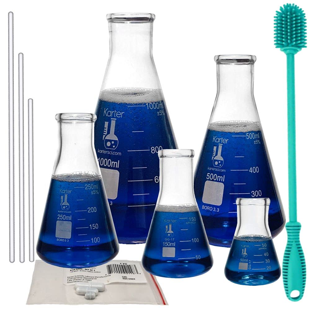 Glass Erlenmeyer Flask Set with Glass Stirring Rod Set, Magnetic Stir Bar Set, and Silicon Cleaning Brush, 5 Sizes - 50, 150, 250, 500, and 1L, 3.3 Borocilicate. Glass, Karter Scientific