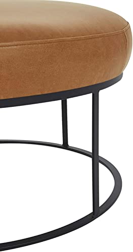 Amazon Brand β Rivet Revere Round Leather Iron-Framed Ottoman, 30.3"W, Cognac