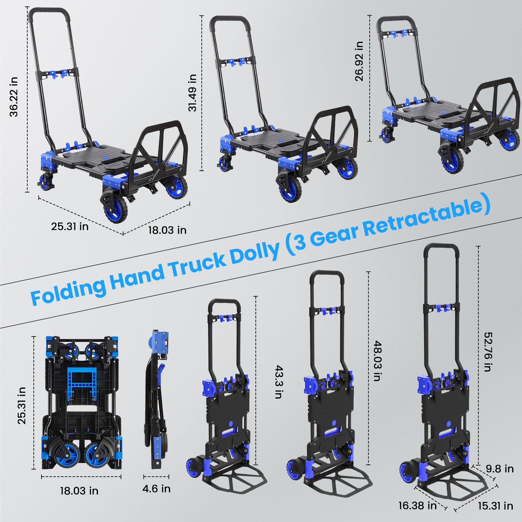2 in 1 Hand Truck Dolly Foldable, 330LBS Foldable Handtruck Dolly, Portable Foldable Dolly with Wheels, Retractable Handle & 4 Rubber Wheels, Hand Cart Foldable for Travel/Luggage/Office/Moving