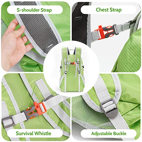 30L Green Lightweight Foldable Large Capacity Backpack for Men and Women - Waterproof Backpack for Travel Sports, Outdoors, Camping and Hiking - Adjustable Shoulder Straps and Multiple Compartments
