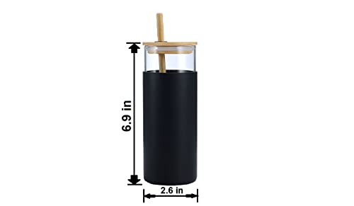 20 Oz Glass Water bottle with bamboo lid Glass Tumbler with silicone protective sleeve Cup (black) Glass water bottle Coffee cup