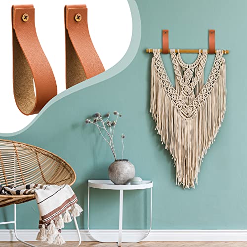 8 Pcs Wall Hooks Wall Hanging Straps Pu Leather Curtain Rod Holder Towel Holders for Wall Faux Leather Strap Hanger Wall Mounted Hooks for Towel Bathroom Kitchen (Yellow)