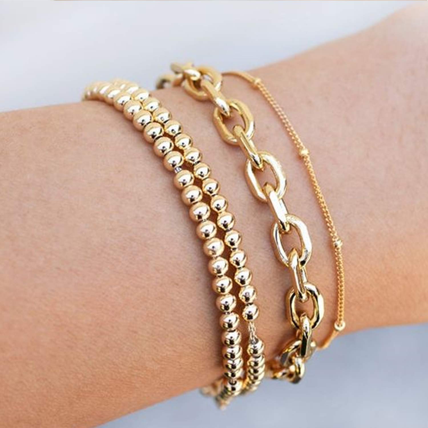 14K Gold Beaded Bracelets for Women,Dainty Gold Plated Chain Link Bracelet Stretchable Adjustable Bracelet(5PCS)……