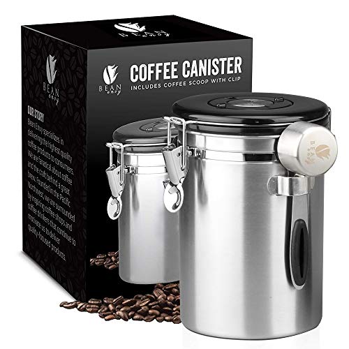 Bean Envy Coffee Canister - 22.5 oz Coffee Storage Container and Organizer w/Stainless Steel Scoop, Date Tracker & Co2-Release Valve - Essential Coffee Accessories, Steel