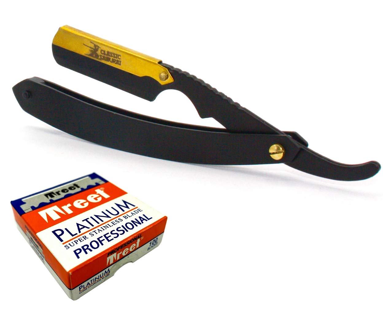 Classic Samurai CS-102 Matte Black Golden Head Stainless Steel Professional Barber Straight Edge Razor with 100 Treet Platinum Single Edge Razor Blades