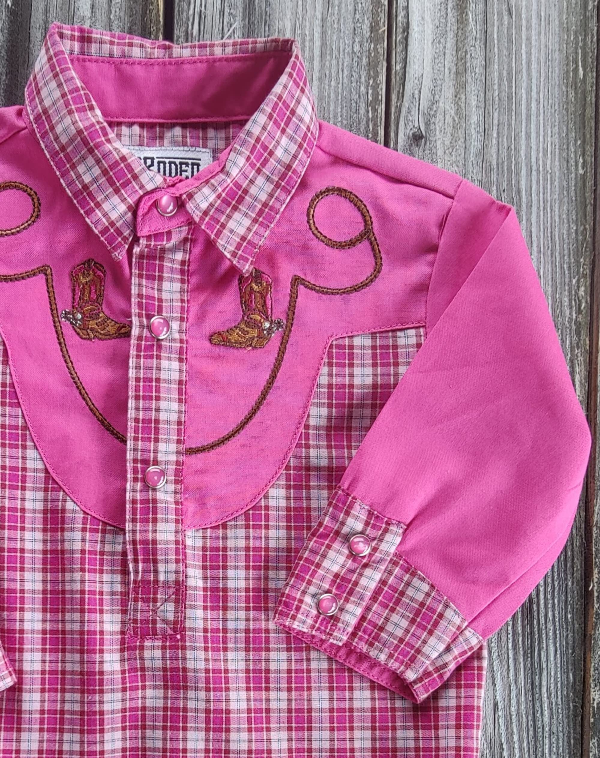 4Rodeo Baby Toddler Western Pink Plaid Cowboy Bodysuit Shirt (9-12 Months)