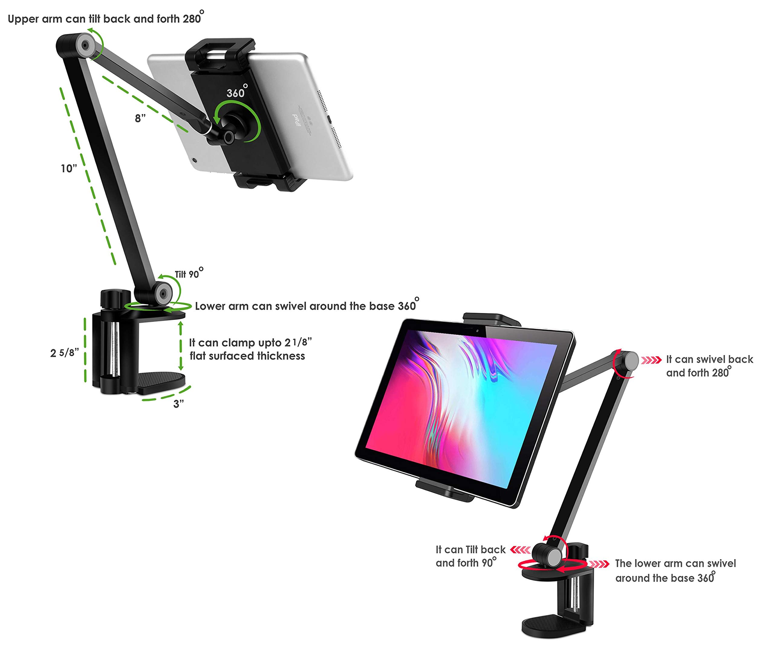 Aluminum Long Arm Tablet Stand Mount Compatible with iPhone/iPad/iPad Mini/iPad Pro 12.9" Any Phone/Tablets 4-13 inch,360° Swivel with Bracket Cradle for Home, Office,Kitchen and Bed-Black