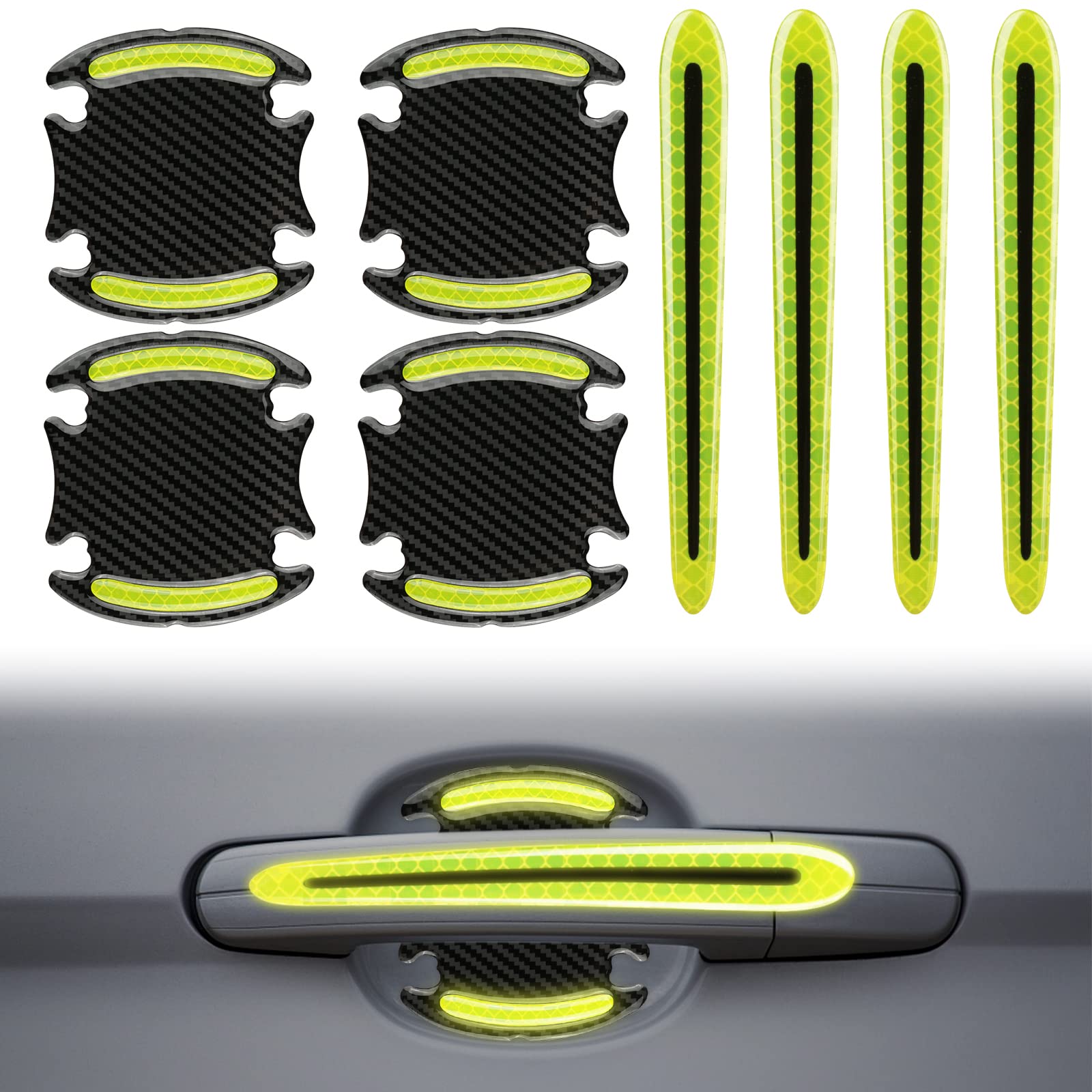 8 Pieces Reflective Car Sticker Set Car Door Bowl Reflective Warning Sticker Car Door Handle Protection Sticker Car Side Reflective Sticker and Car Handle Paint Scratch Film for Car Safety