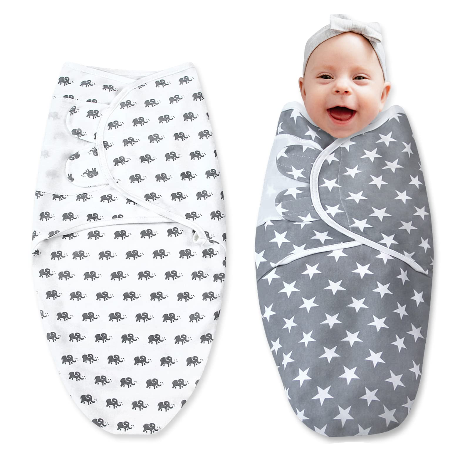 Coldwind Baby Swaddles 0-3 Months, 2 Pack 100% Organic Cotton Adjustable Swaddle Sack for Boy or Girl, Baby Swaddle Wrap for Newborn Baby, Star and Elephant
