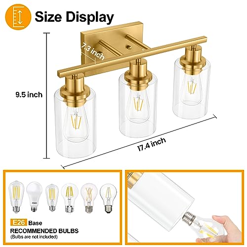 3-Light Brushed Gold Bathroom Light Fixtures, Brushed Brass Vanity Light Fixture Modern Bath Wall Sconce Lighting Wall Mount Lights Over Mirror with Clear Glass Shade for Living Room Bedroom Hallway