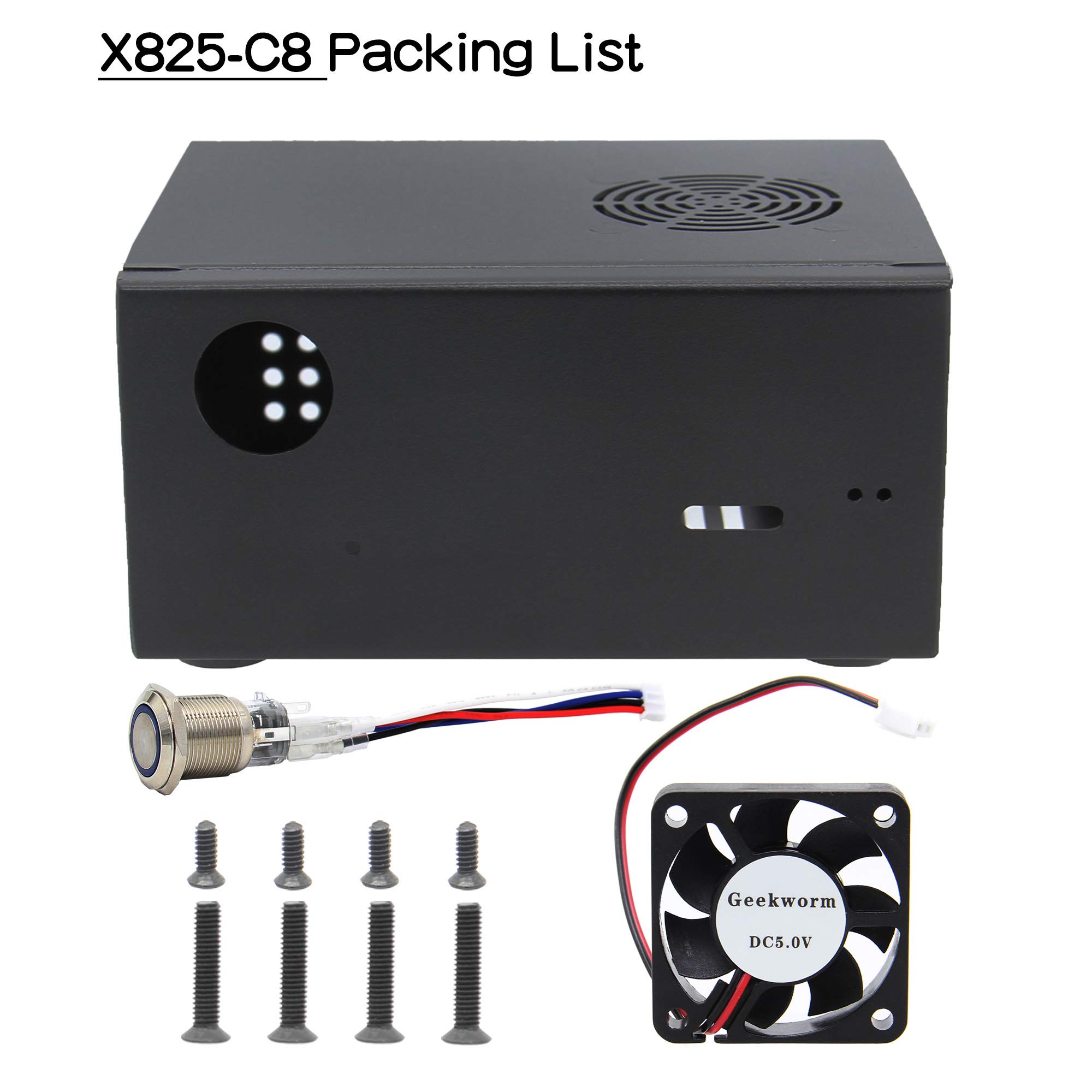 Geekworm X825-C8 (X825 V2.0) Metal Case+Power Switch+Cooling Fan Support X825 V2.0 2.5 inch SATA SSD/HDD Shield & Raspberry Pi 4 Model B & X735 Only(Not Include RPi4&X825 V2.0&X735&PSU&SSD&TF Card)
