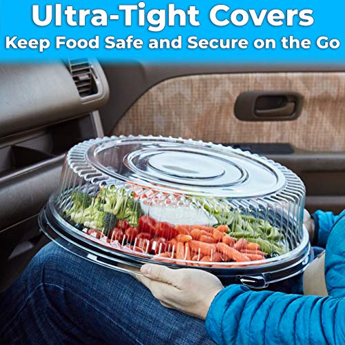 Heavy Duty, Recyclable 16 in. Serving Tray and Lid 3pk. Large, Black Plastic Party Platters with Clear Lids. Elegant Round Banquet or Catering Trays for Serving Appetizers, Sandwich and Veggie Plates