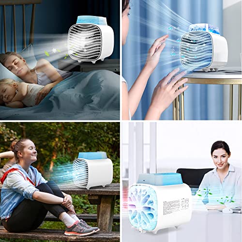 2022 Portable Air Conditioner, USB Rechargeable 3 Speeds Personal Evaporative Air Cooler Cooling Desktop Humidifier Fan with Blue Atmosphere Light for Room/Office/Desk/Nightstand/Camping (Style 04)