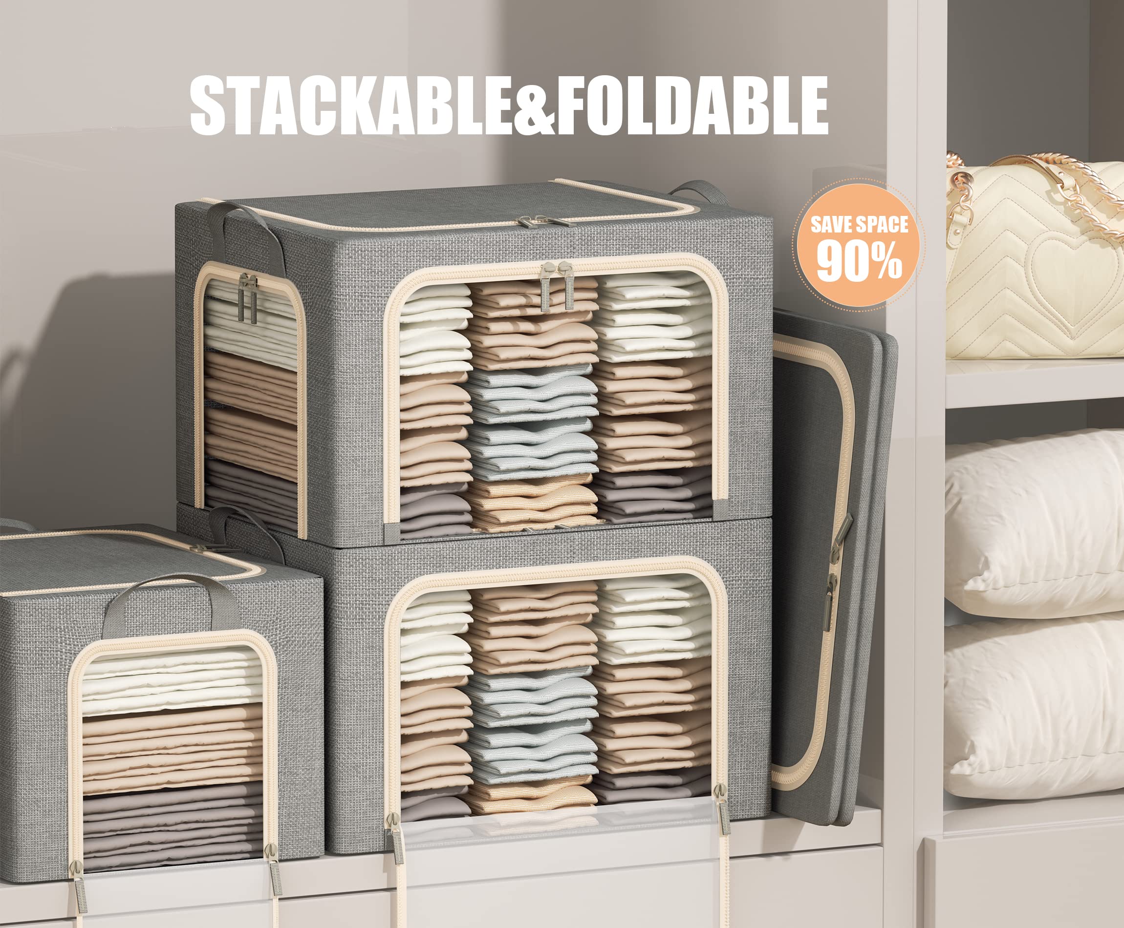 3 Openings Clothes Storage Bins with Metal Frame, Foldable Storage Bin for Clothes, Clothing Storage Bins with Lid, Linen Storage Box With Clear Window& Zippers& Durable Handles.(3 Pcs,Light Grey,40L)