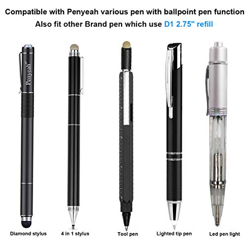 D1/ 2.75" Ballpoint Pen Refills for Penyeah 4-in-1 Stylus/Diamond Stylus/Lighted Tip Pen/Led Pen Light or Other Brands,0.7mm Fine Point (Pack of 12, Blue Ink)